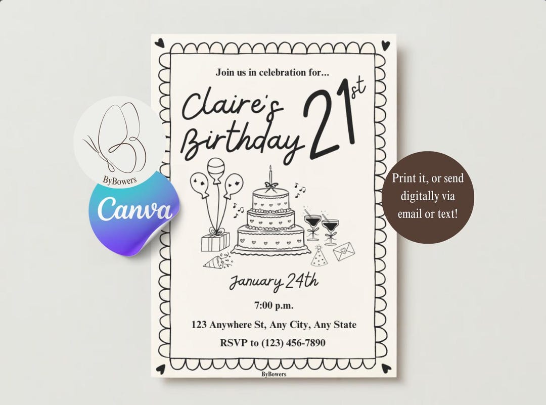 Claire Template - Black & White Birthday Invite (digital Customizable ...