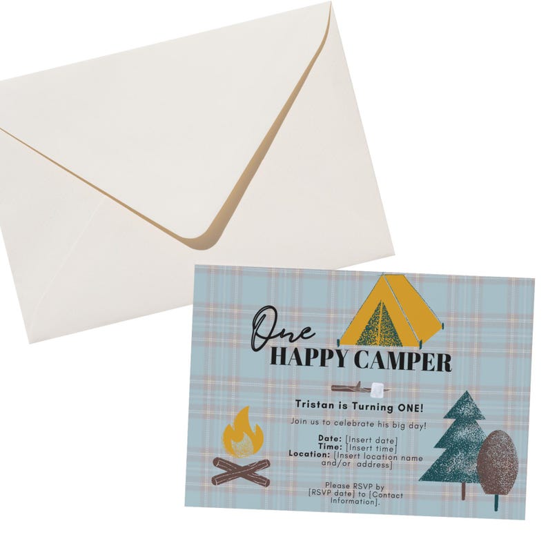 Happy Camper Theme 1st Birthday Party Invitation Template - Brown Green ...
