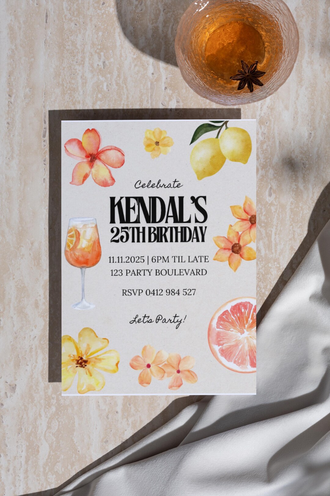 Cute Vintage Birthday Party Invitation Template, Cocktail Flower Colour ...