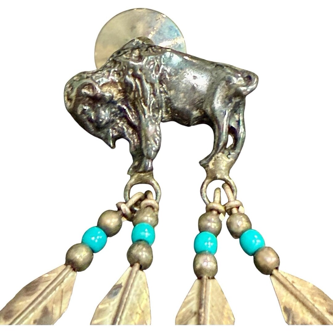 VTG Handcrafted Southwestern Buffalo Pin Brooch Silver Turquoise Bead ...