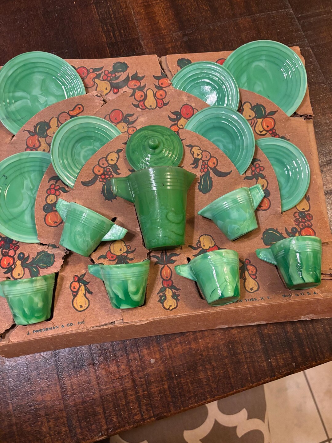 Vintage Children’s Jadeite Tea Set, Glass Tea Set, Chiquita Toy Dishes ...