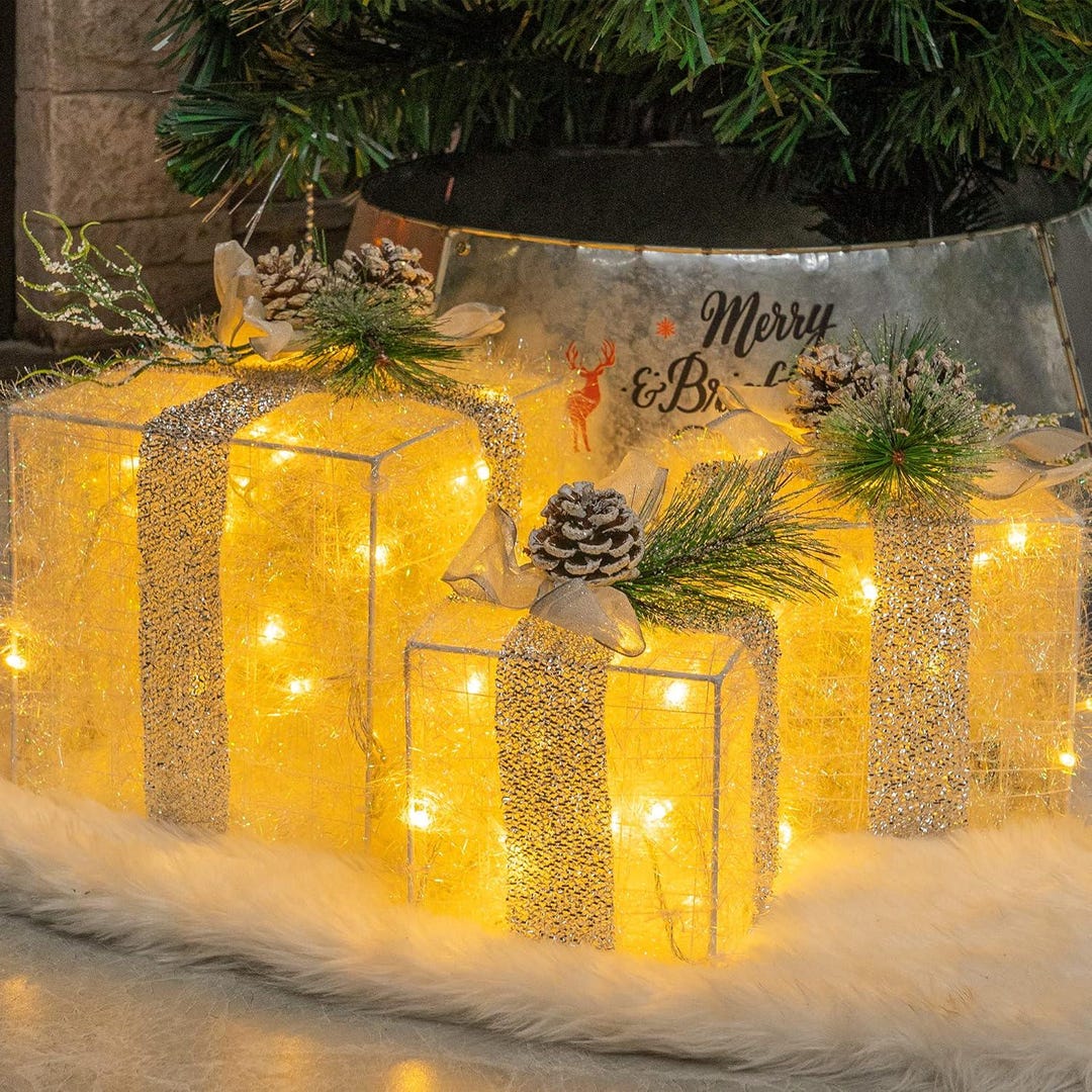 Christmas Lighted Gift Boxes, Tinsel Present Boxes, Holiday Lawn Decor ...