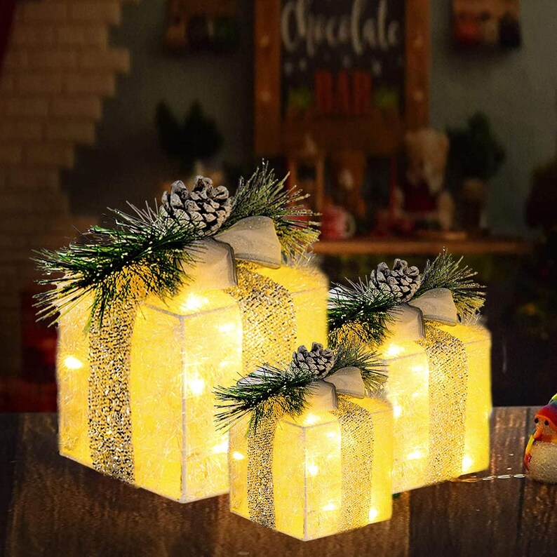 Christmas Lighted Gift Boxes, Tinsel Present Boxes, Holiday Lawn Decor ...