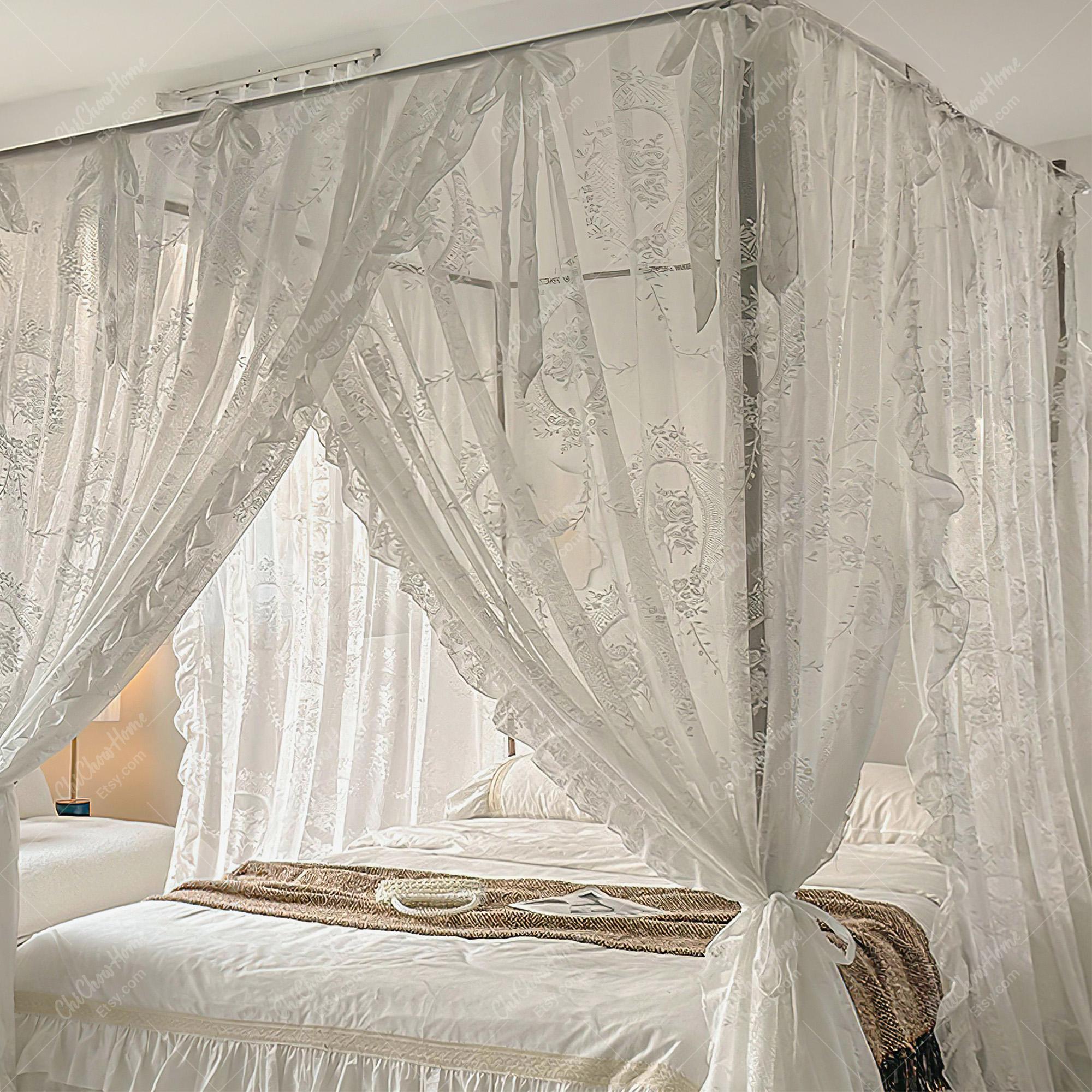 White Floral Lace Bed Canopy,vintage Lace Bed Canopy With Ruffles, 4 ...