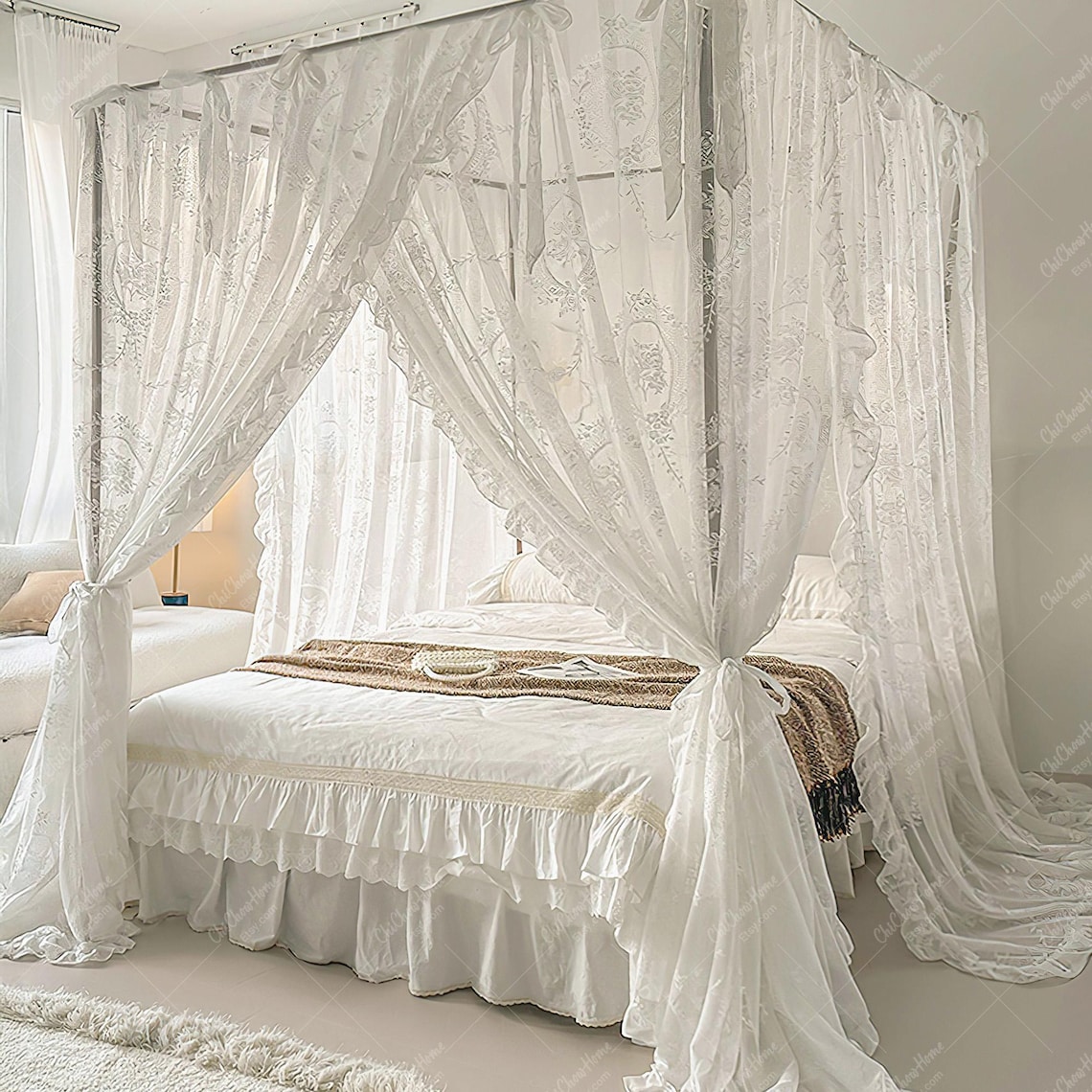 White Floral Lace Bed Canopy,vintage Lace Bed Canopy With Ruffles, 4 ...
