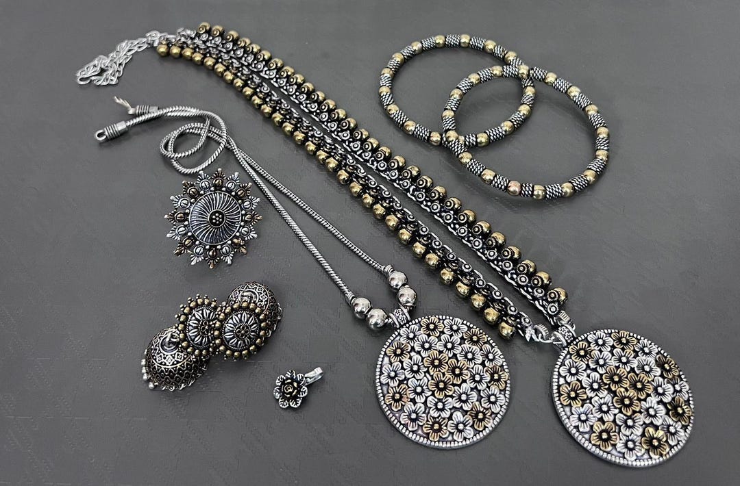 German Silver Jewelry Set: Dual Tone Pendant, Earrings, Ring, Bangles ...