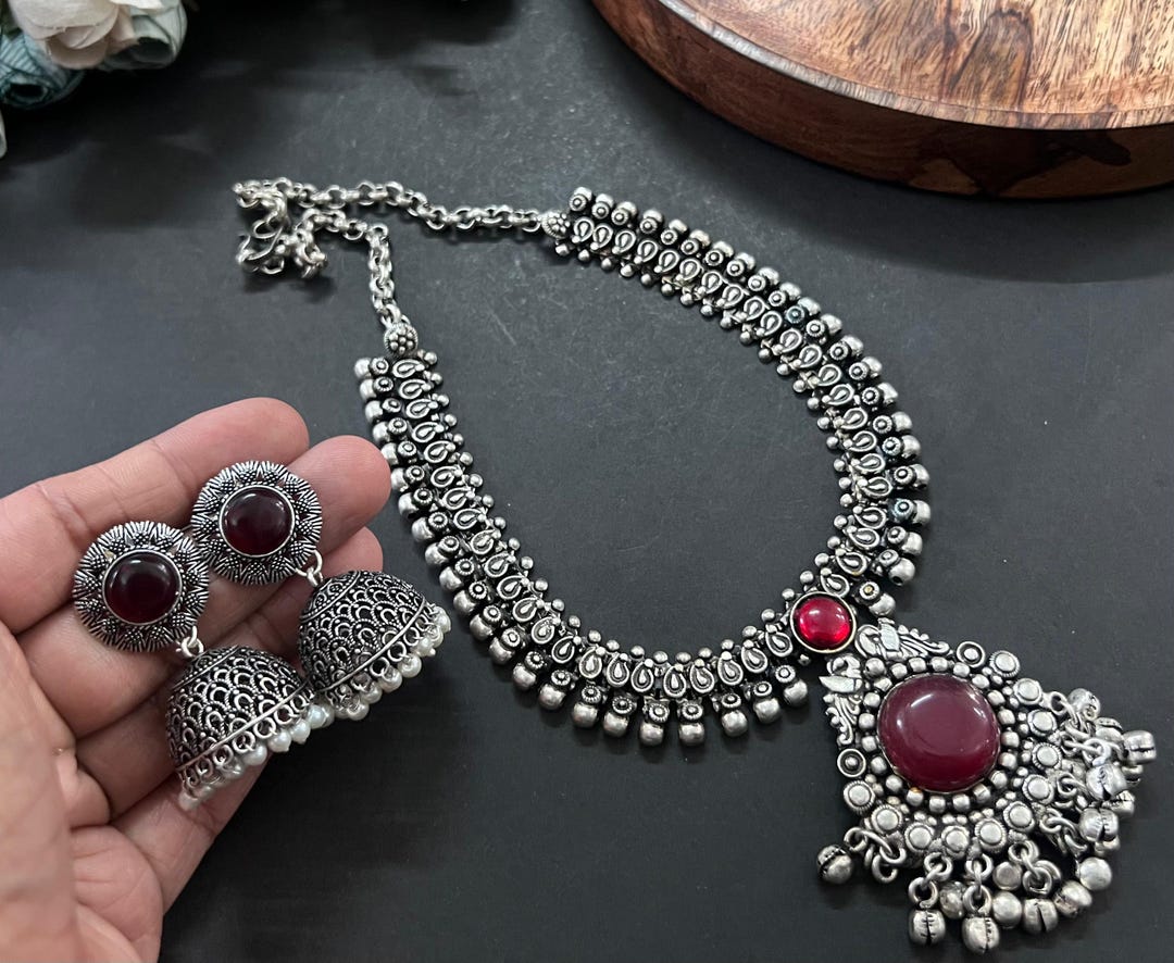 Ruby Stone Kolhapuri Jewelry Set – Handmade Necklace and Matching ...