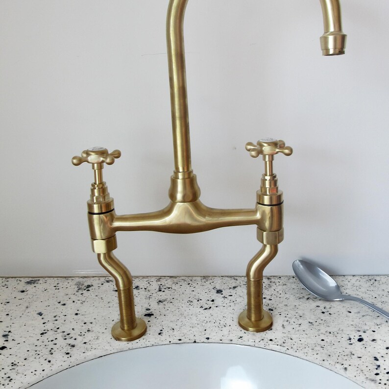 Unlacquered Brass Kitchen Faucet – Traditional Bridge Design, Premium ...