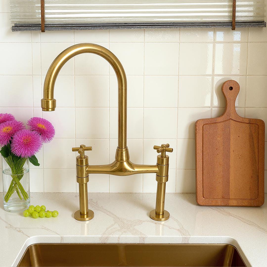 Unlacquered Brass Bridge Kitchen Tap | Traditional Design With Patina ...