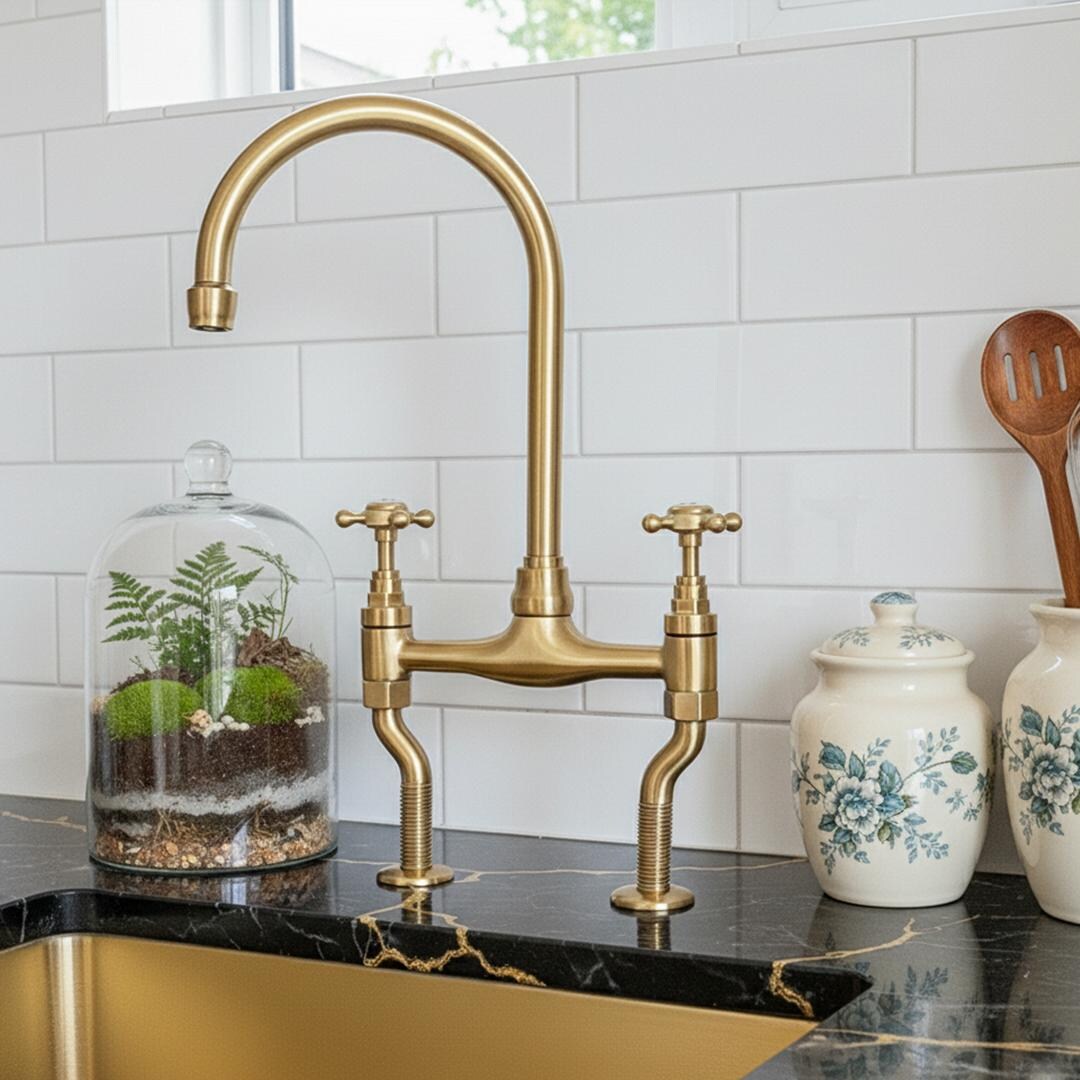 Unlacquered Brass Bridge Kitchen Tap | Traditional Design With Patina ...