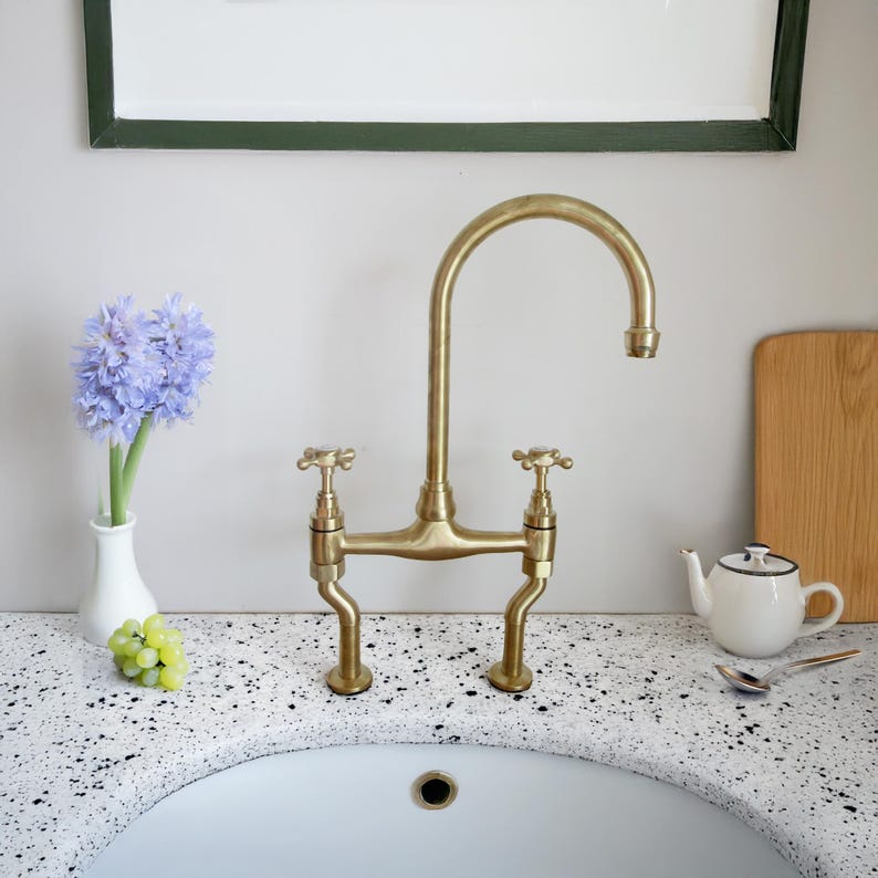 Unlacquered Brass Kitchen Faucet – Traditional Bridge Design, Premium ...