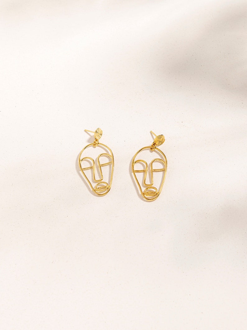 Long Gold Wire Face Earrings, Abstract Face Earrings, Statement ...
