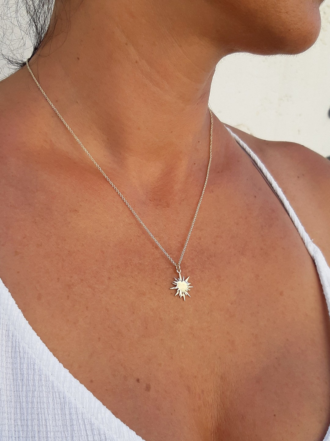 White Gold Sun Necklace, Celestial Necklace, Dainty Sun Necklace, Solid ...