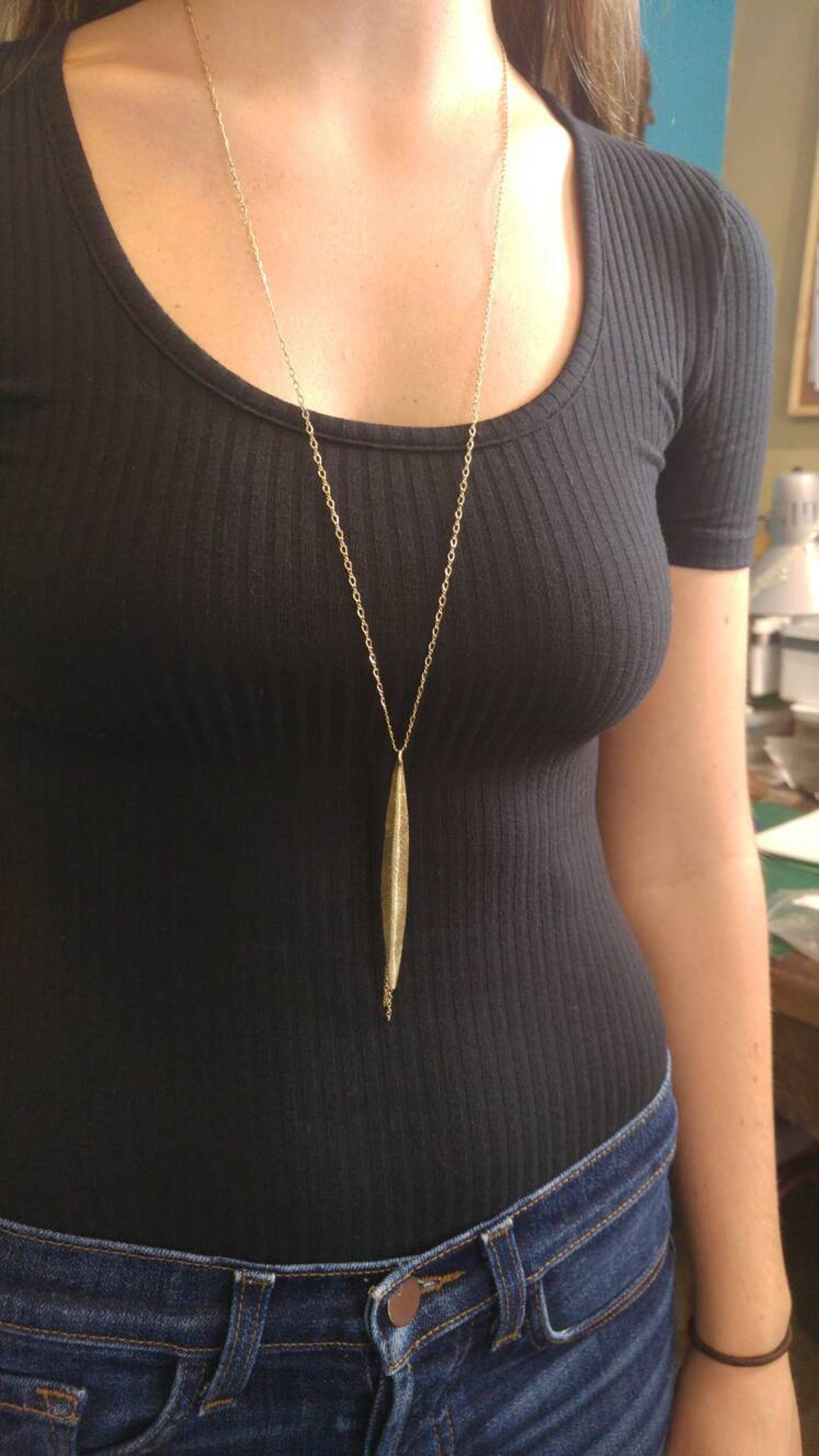 Long Gold Feather Necklace, Long Gold Necklace With Pendant, Feather ...