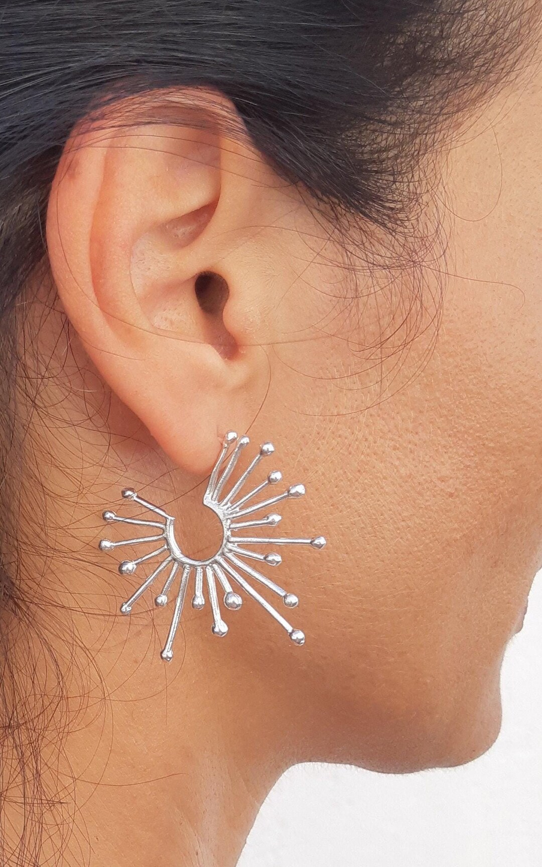 Silver Sun Hoop Earrings, Unique Silver Hoops, 40mm Hoop Earrings, Spike Hoop Earrings, Sunray ...