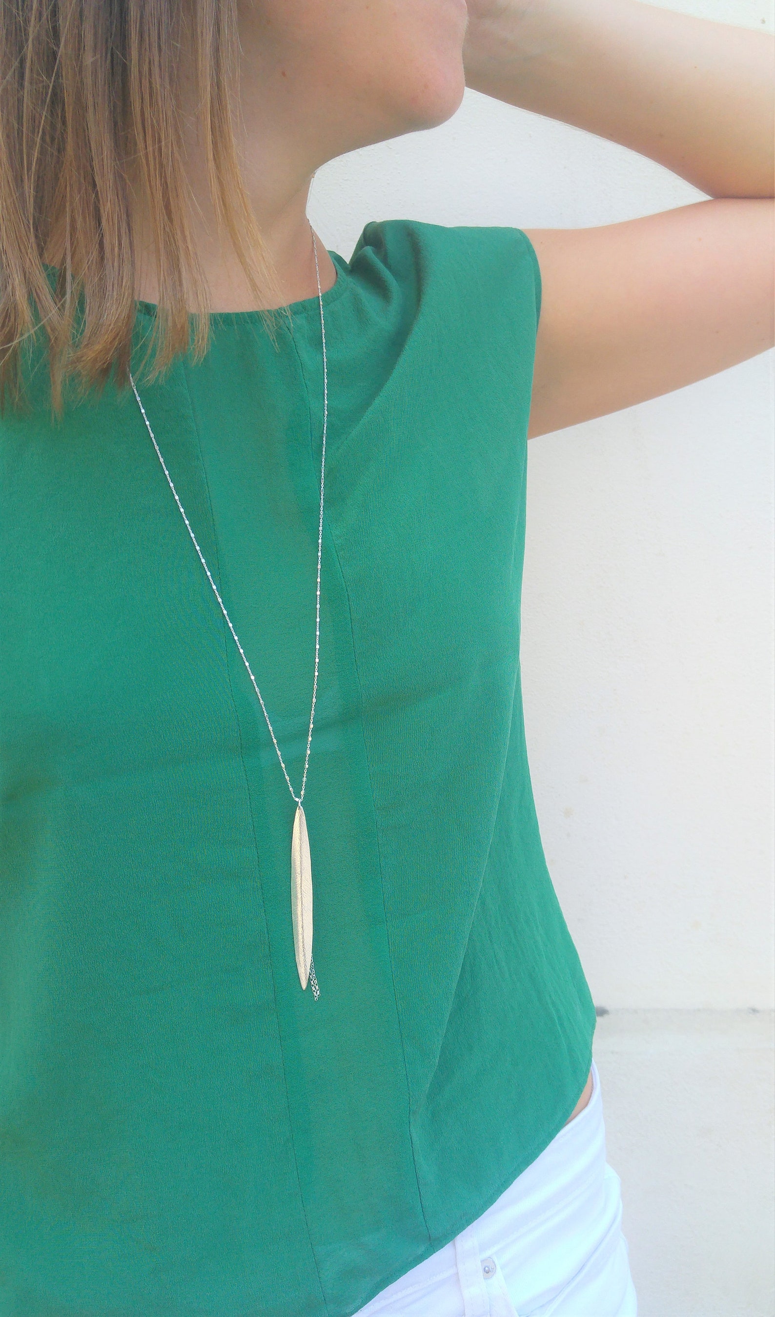 Long Gold Feather Necklace, Long Gold Necklace With Pendant, Feather ...