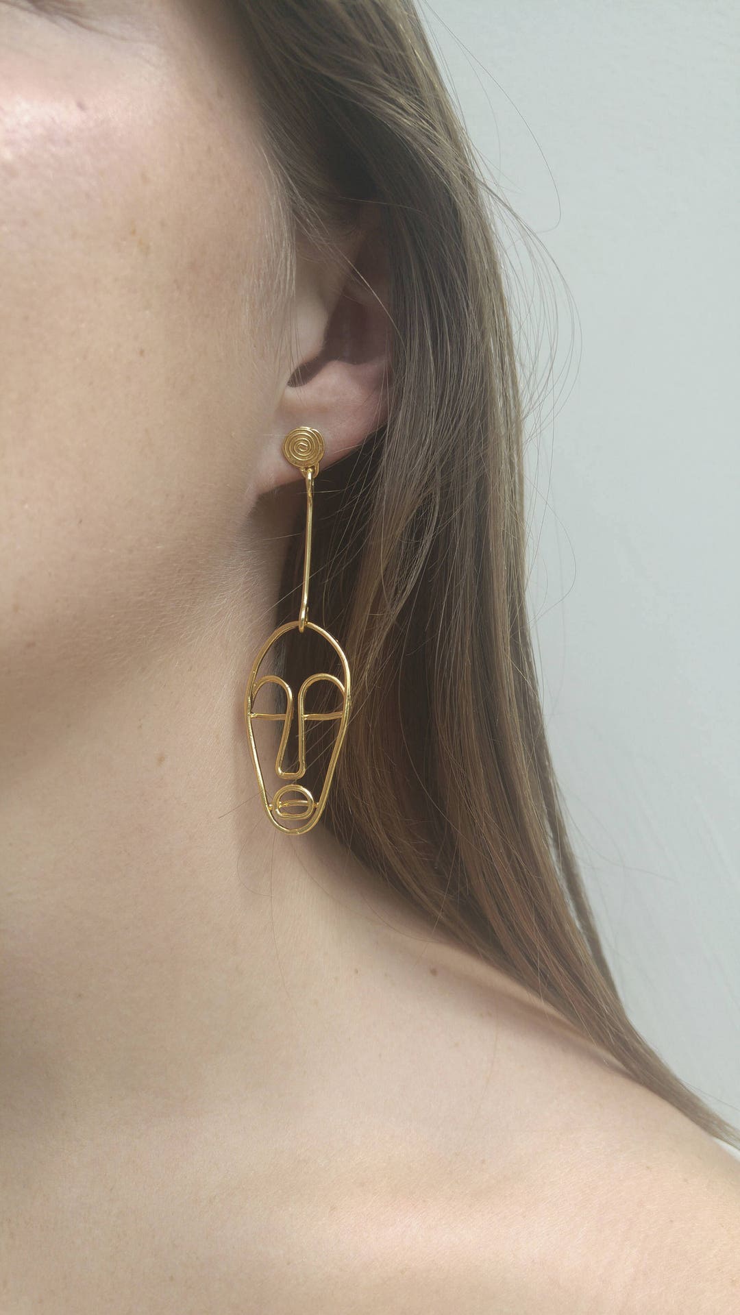 Long Gold Wire Face Earrings, Abstract Face Earrings, Statement ...