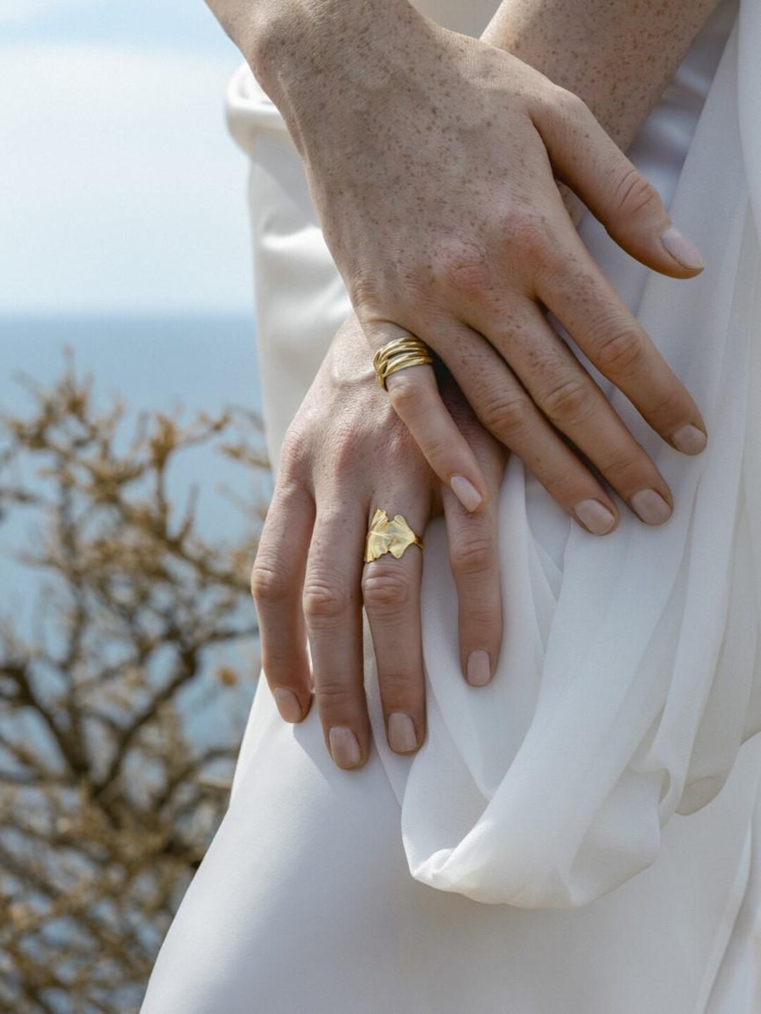Ginko Ring, Gold Leaf Ring, Unique Gold Jewelry, Large Statement Ring, Petal Ring, Nature ...