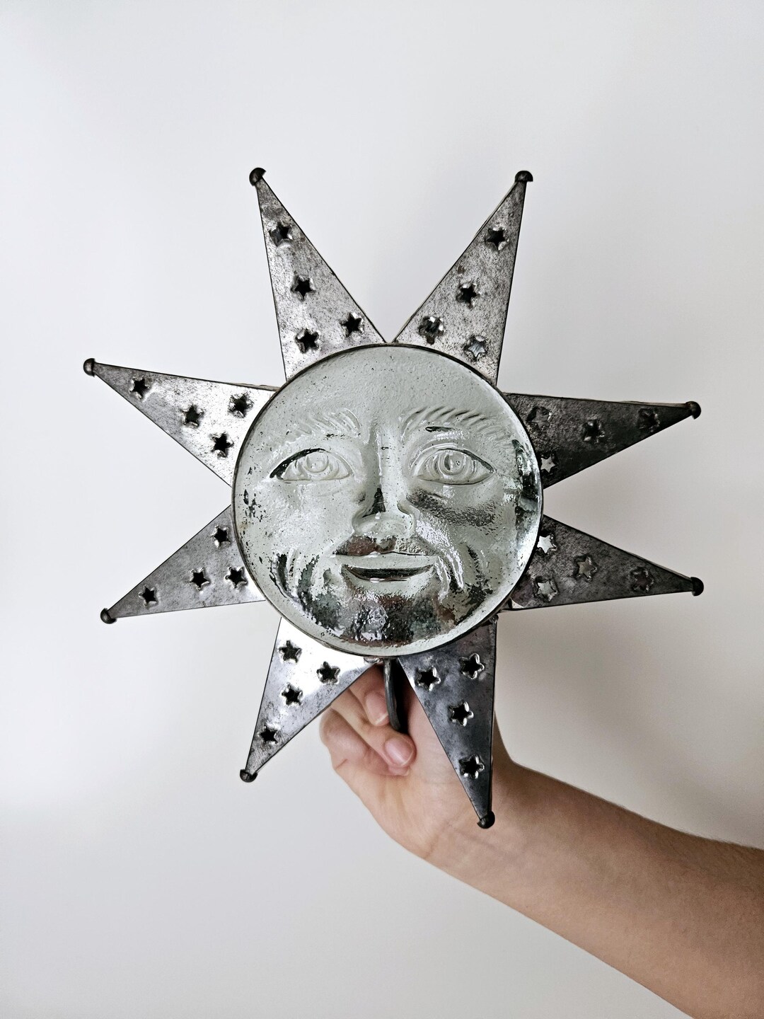 Vintage Rustic Metal & Glass Sun Face Tealight Holder | Sunburst Votive ...