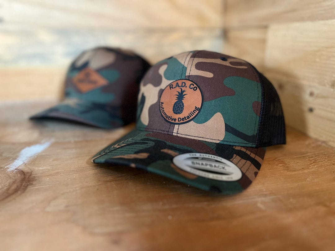 Custom Camo Leather Patch Hats - Die Cut - Heat Press - Richardson 112 ...