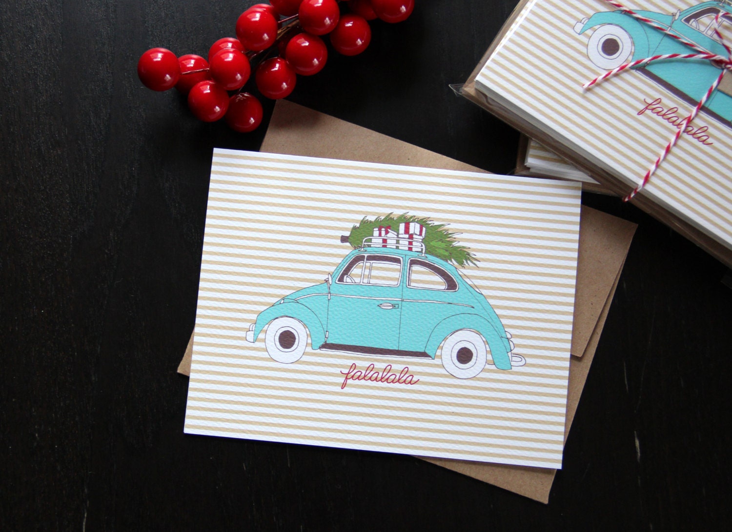 Vintage Car With Christmas Tree Hand Illustrated Holiday Card - Etsy