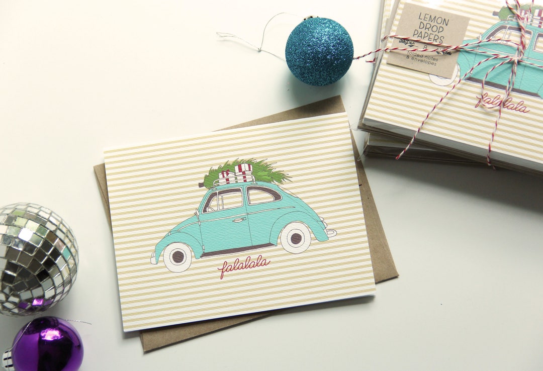 Vintage Car With Christmas Tree Hand Illustrated Holiday Card - Etsy