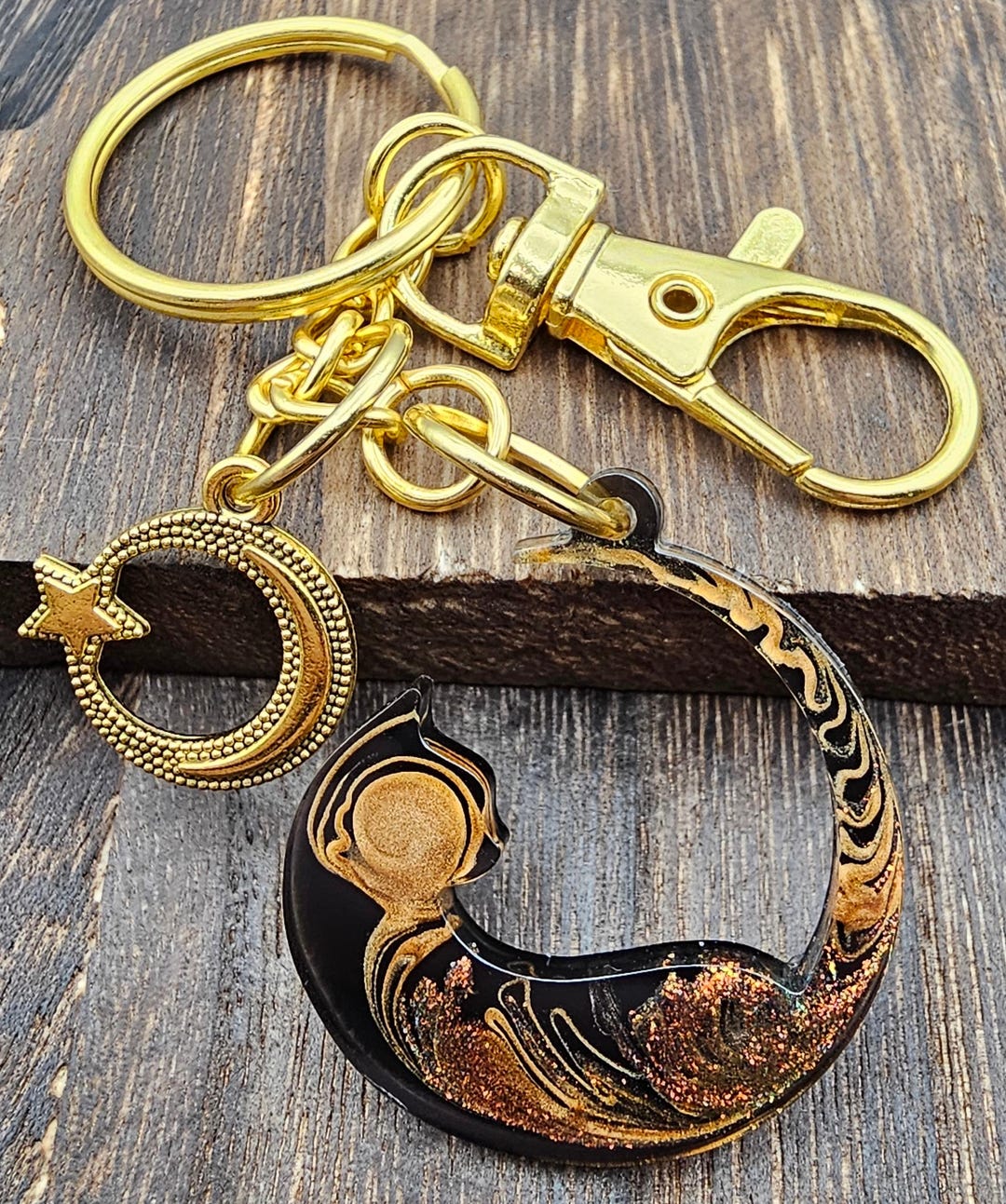 Crescent Moon & Star Cat Soul Gold Swirled Resin Kitty Purse Charm ...