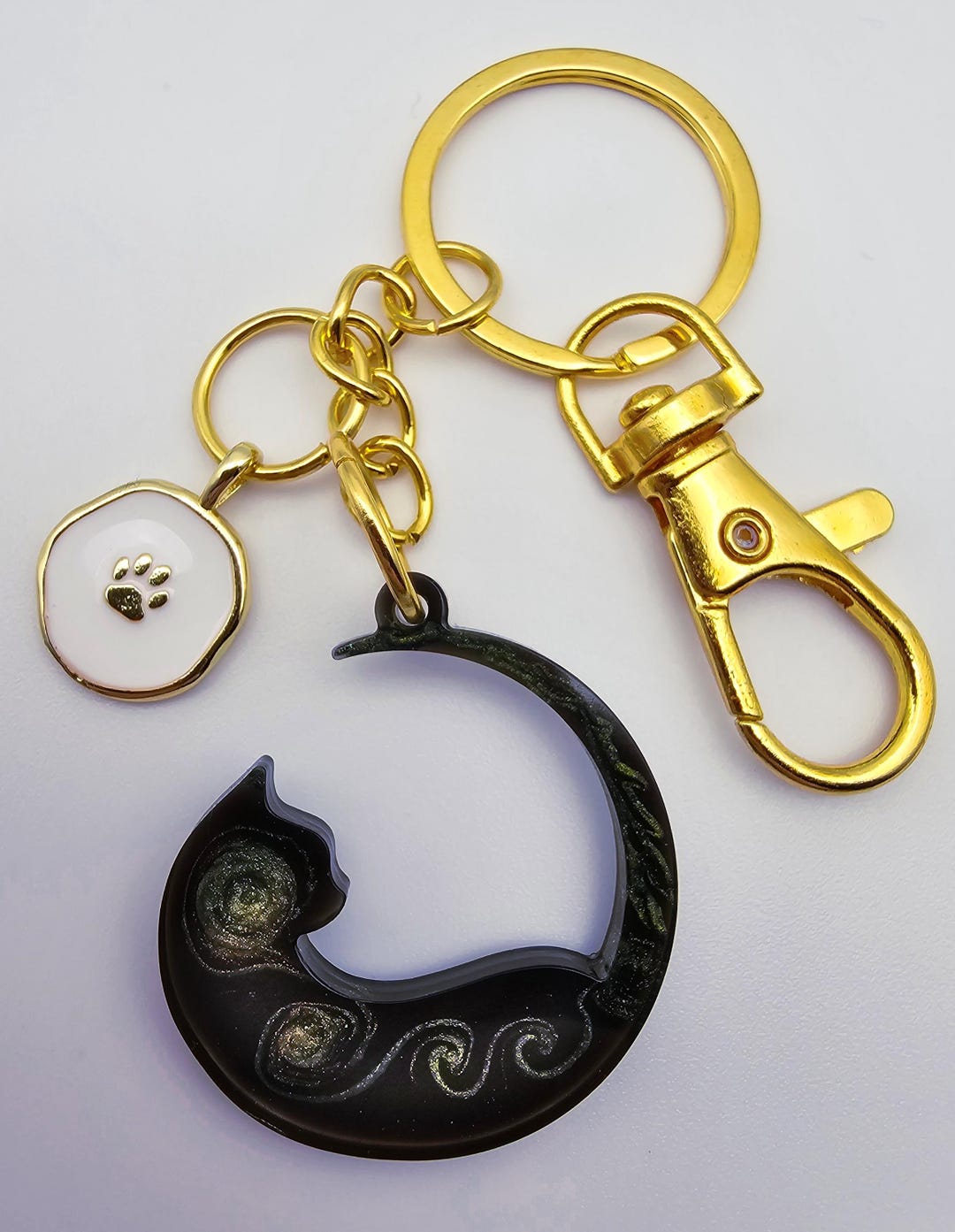 Green Resin Cat Keychain, Crescent Moon Purse Charm, Pawprint Zipper ...