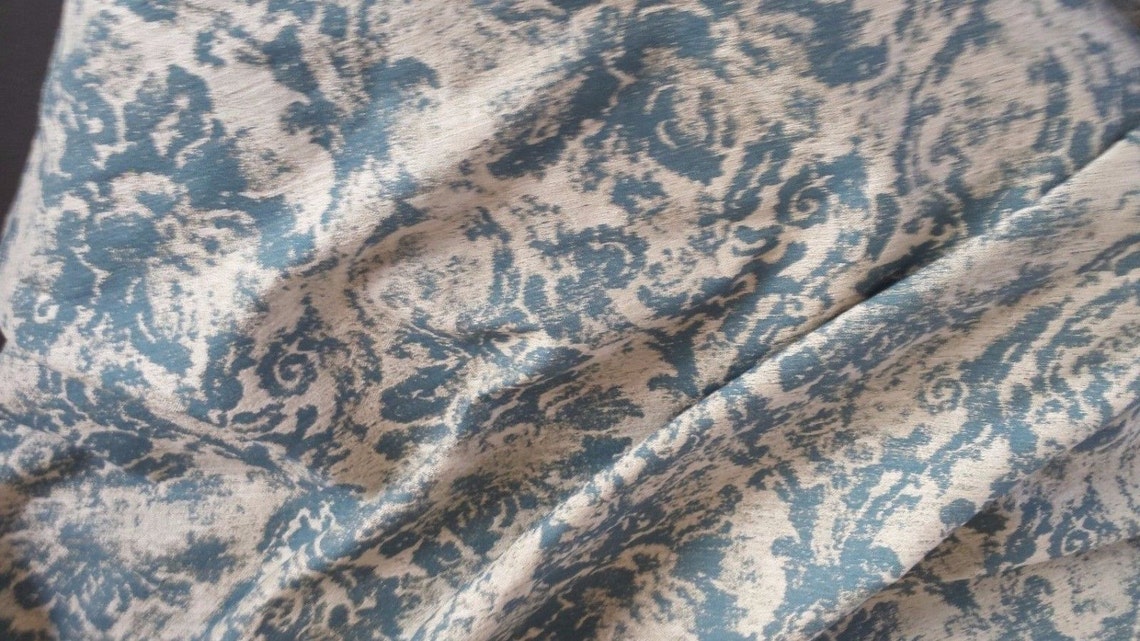 IKAT DAMASK Pattern Teal on Natural Woven Upholstery Fabric Home Decor ...