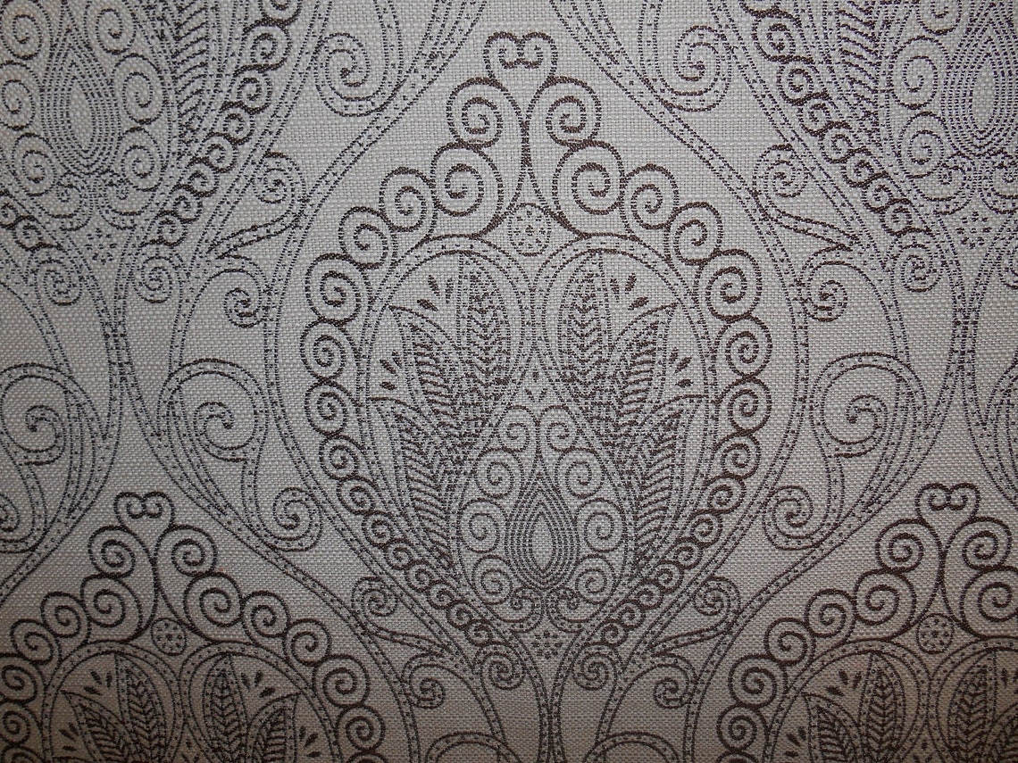 Warm Brown TRADITIONAL DAMASK on Almond Woven Linen Upholstery Fabric ...