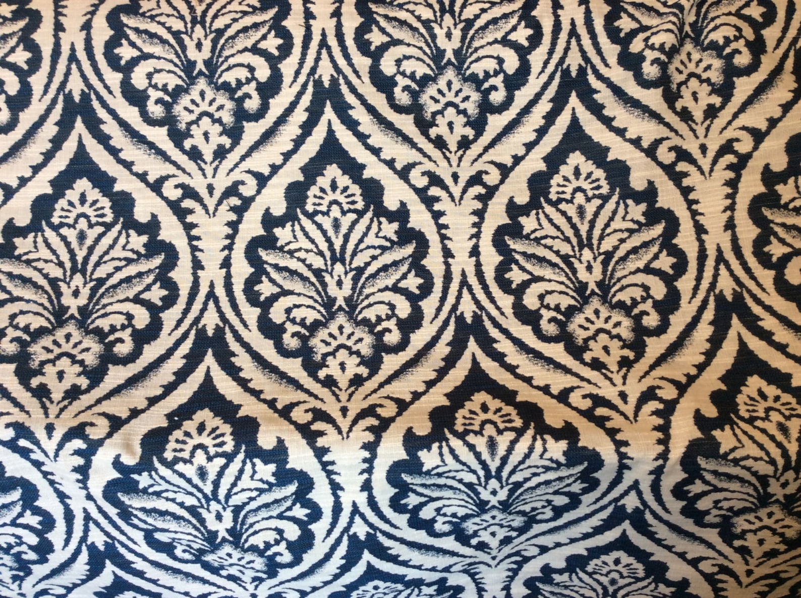 NAVY Blue and CREAM Woven Cotton DAMASK Upholstery Fabric, 10-14-41 ...