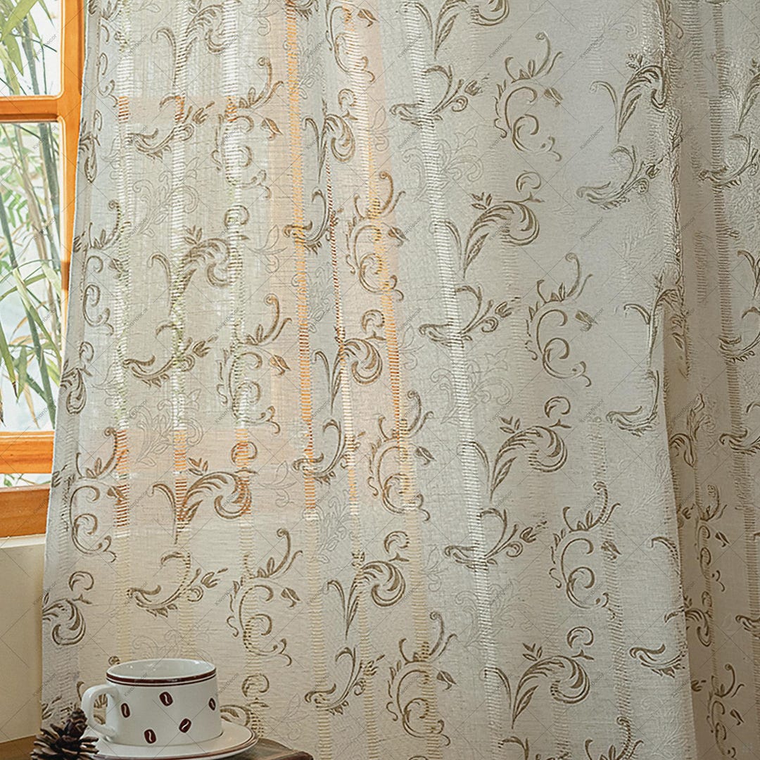 Rustic Sheer Curtain, Curly Grass Pattern Light Filtering Drapes for ...