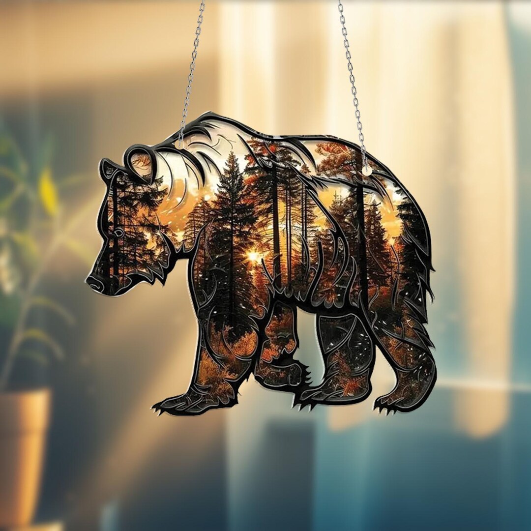 Bear Forest Window Hanging – Rustic Nature Wildlife Decor for Cabin or ...