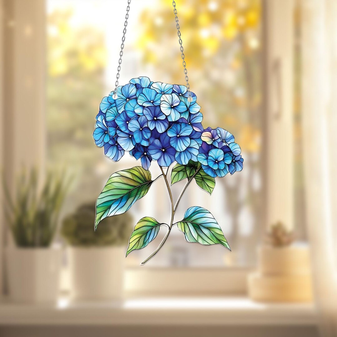 Blue Hydrangea Window Hanging – Elegant Flower Window Decor for Kitchen ...