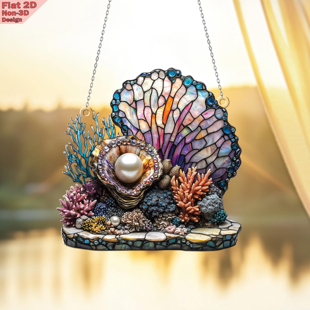 Acrylic 2D Flat Pearl Shell Window Hanging, Colorful Coral Reef Design ...