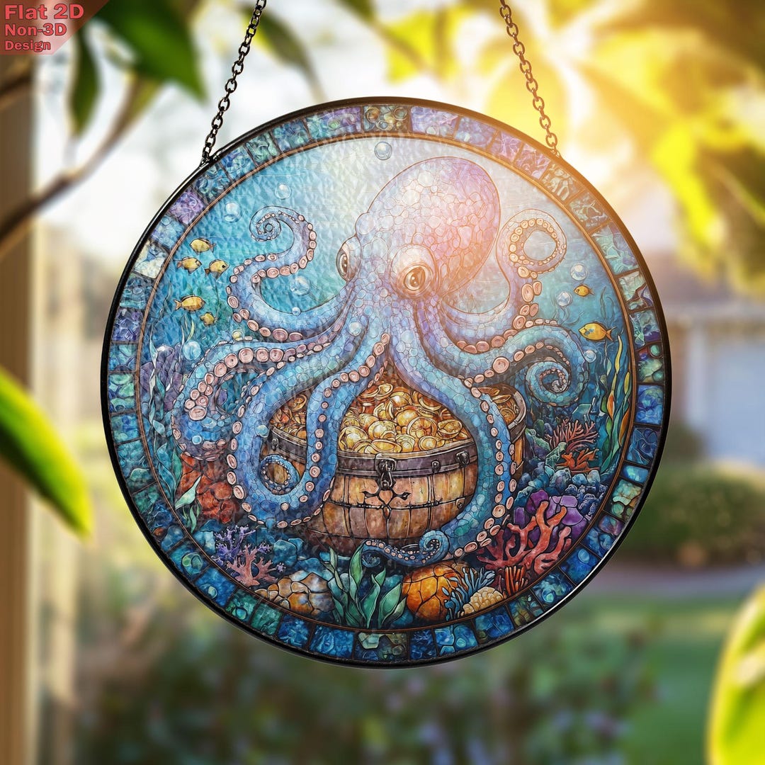 Octopus Stained Glass Suncatcher, Treasure Chest Underwater Window ...