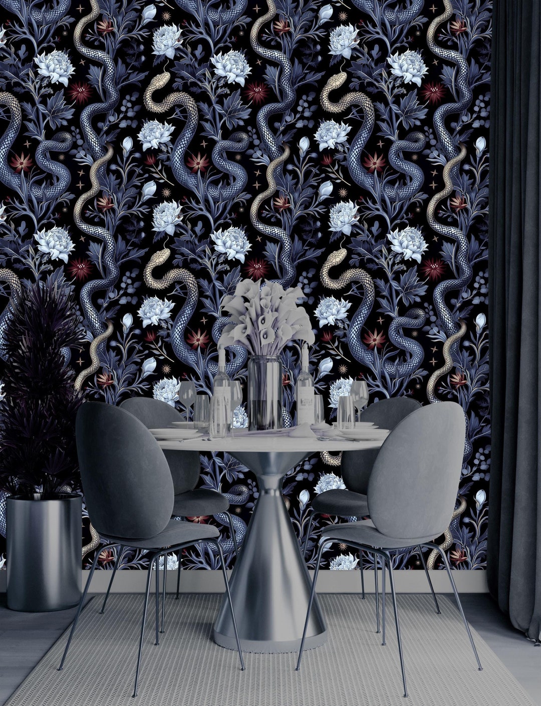Dark Gothic Mural,serents Wallpaper Peel and Stick,snakes and Flowers ...