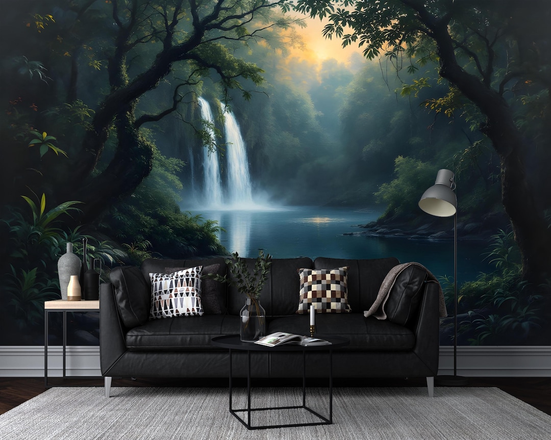 Dark Forest Mural With Waterfall,neutral Lake Landscape Wallpaper ...