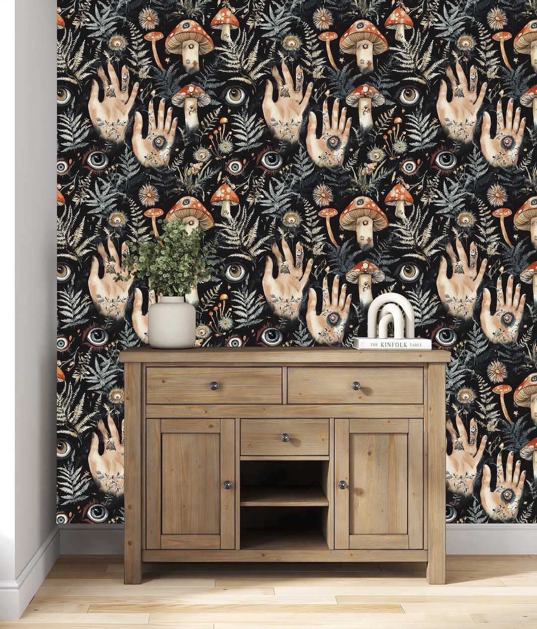 Black Gothic Mural,witchy With Evil Eyes Wallpaper,mushroom Wall Decor ...