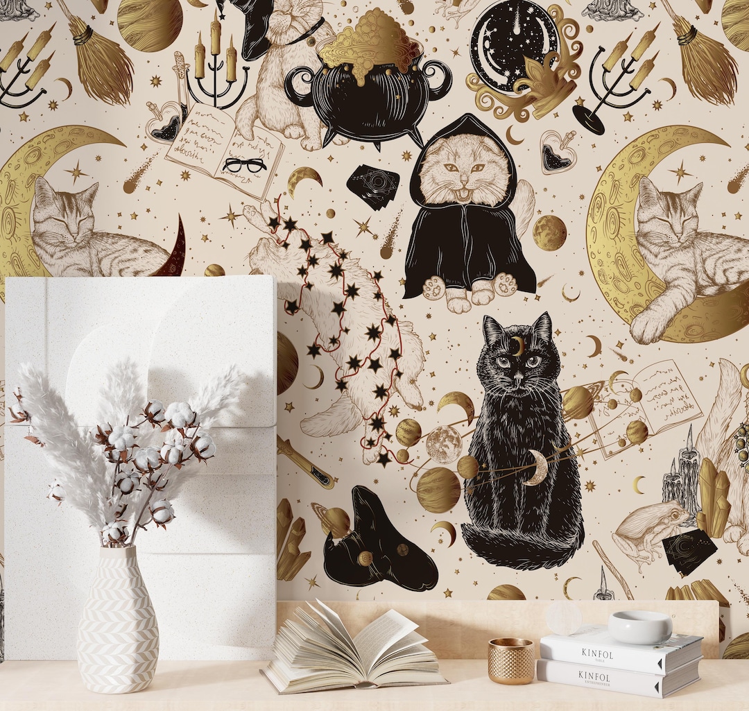 Beige Gothic Mural With Cats,witchy Wallpaper Peel and Stick,mystic ...