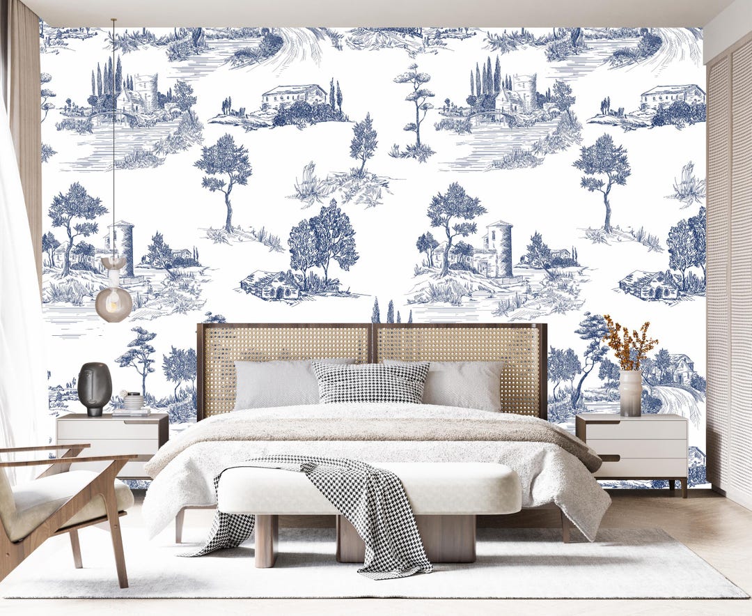 French Toile Wallpaper,toile De Jouy Mural With Trees,vintage Bedroom ...