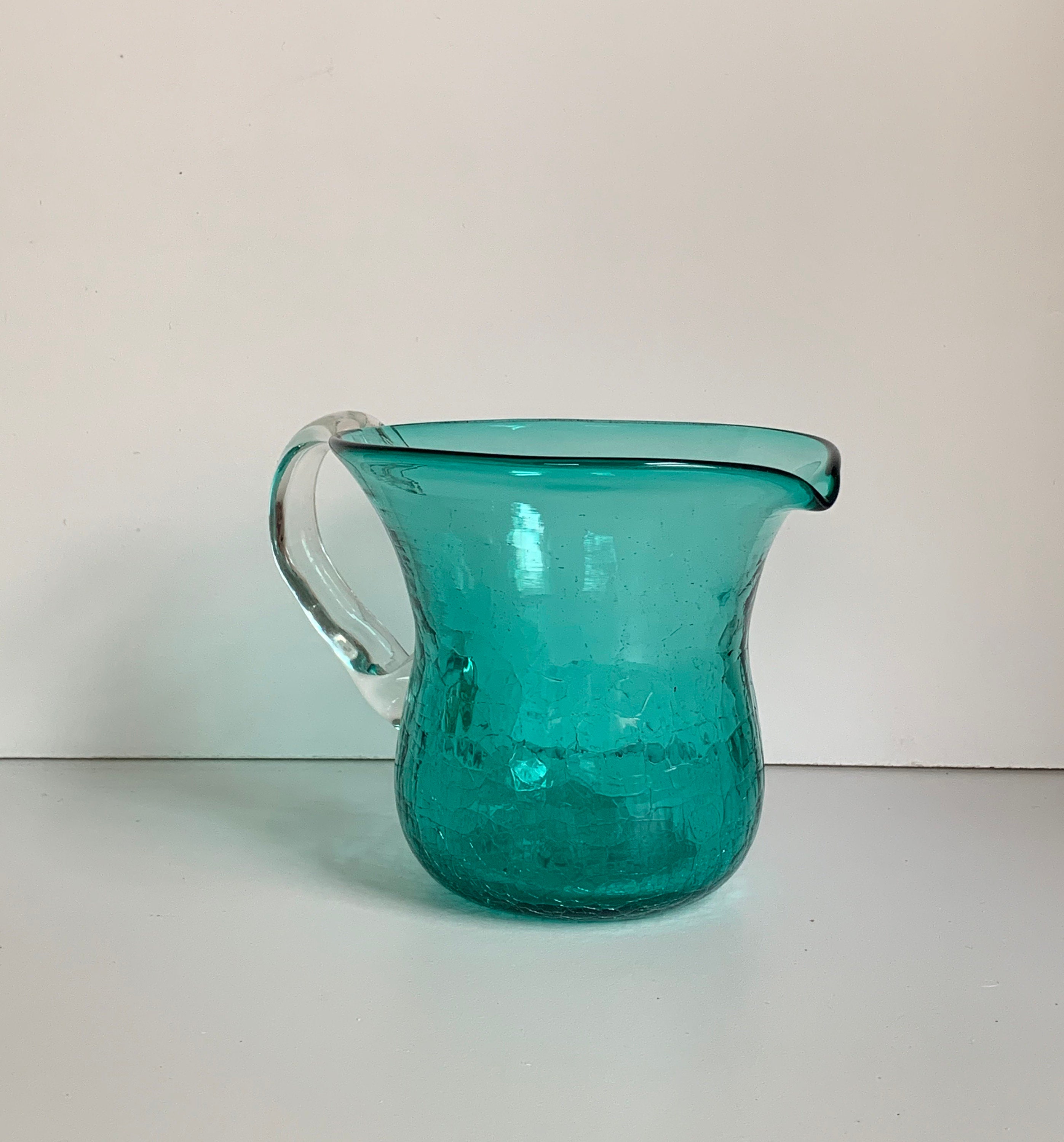 6 In. Handblown Bischoff Crackle Glass Teal Pitcher 1960's | Etsy