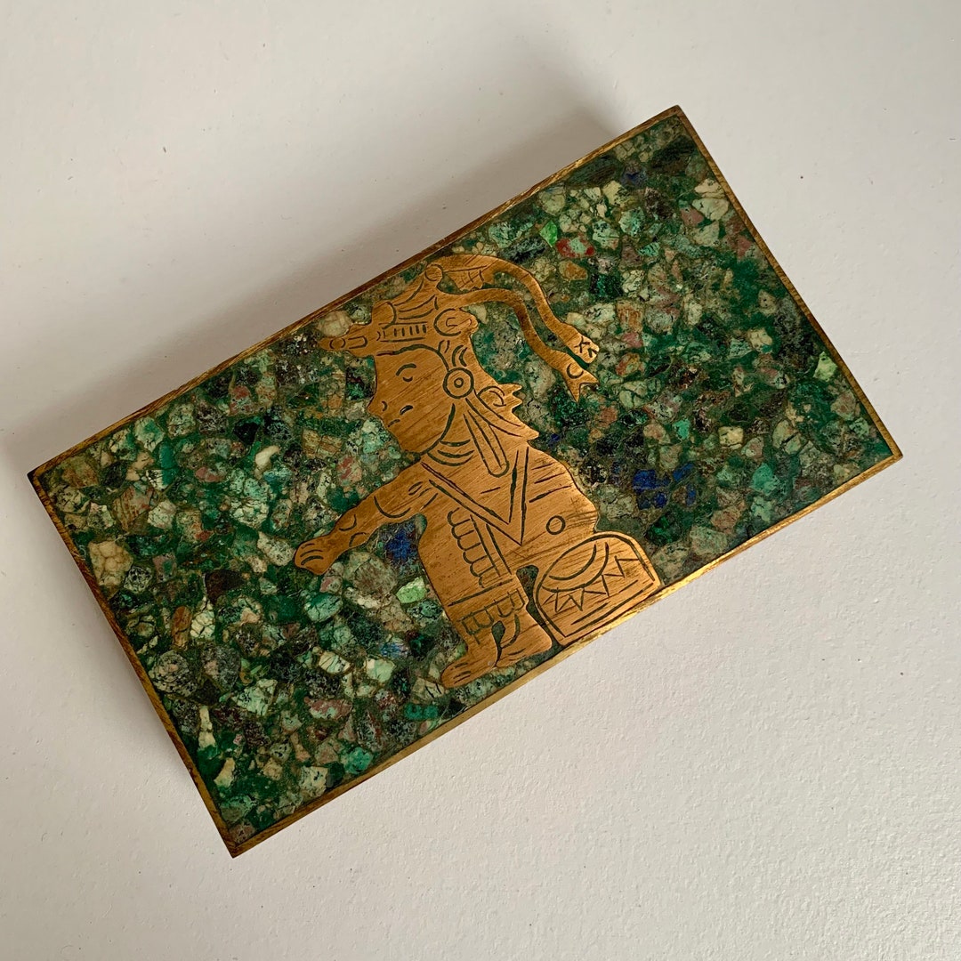 Mexican Brass Inlaid Malachite and Lapis Mayan Warrior Trinket Box ...