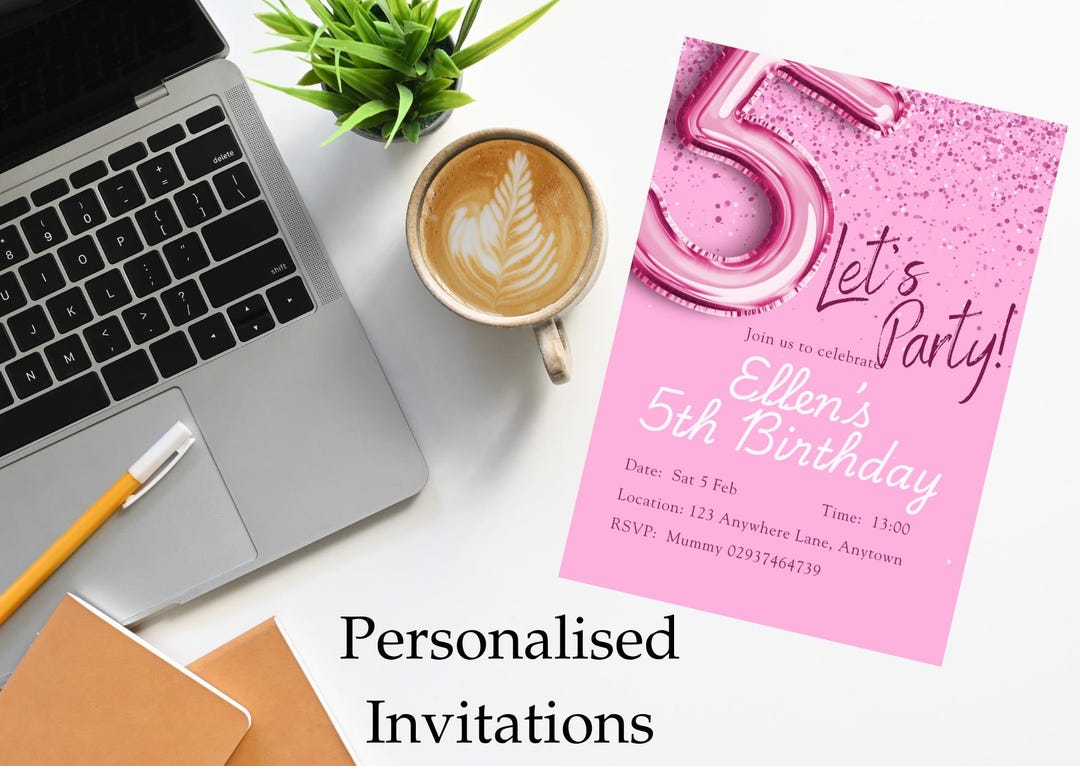 Princess Party 5th Birthday Invitation Age 5 Celebration Pink Invites ...
