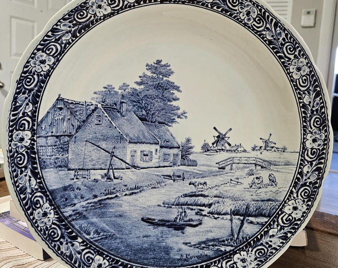 Boch Delfts Pottery Hanging Wall Plate Blue Large 15.5” WINDMILL FARM ...