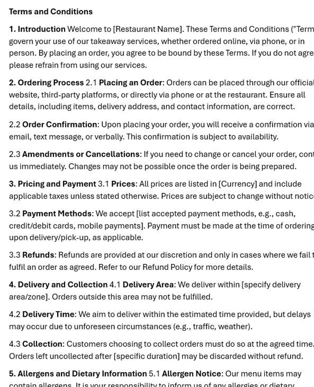 Restaurant - Terms and Conditions Template - Etsy