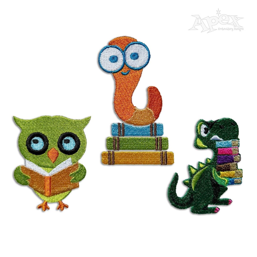 Animal & Book Machine Embroidery Designs: Owl, Dinosaur, Worm (PES, DST ...