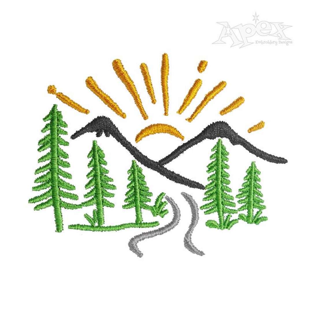 Mountain With Forest Scene and Sun Machine Embroidery Design PES DST ...