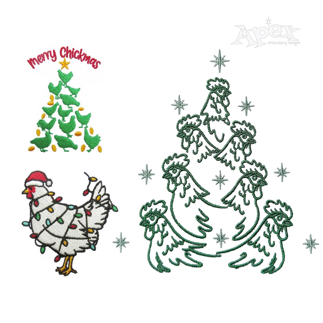 Christmas Chicken Embroidery Designs: Rooster, Tree, Lights (PES, DST ...