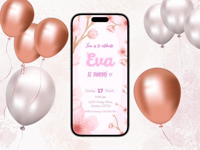 Cherry Blossom Birthday Invitation, Girl's Mobile Card (digital ...